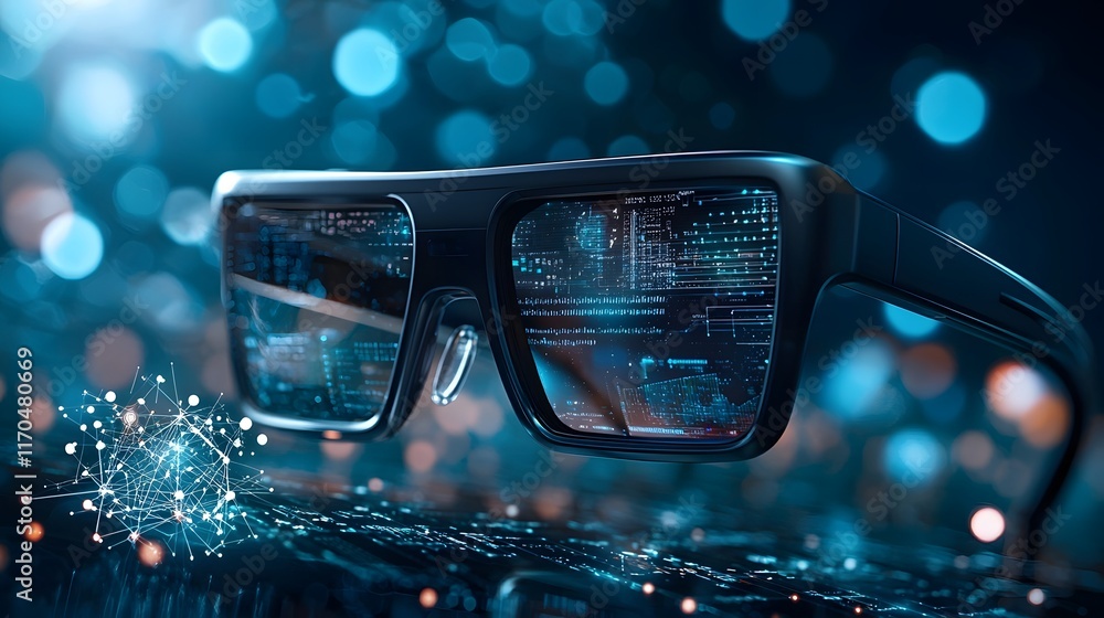 Futuristic holographic display of smart glasses with quantum computing capabilities showcasing ...