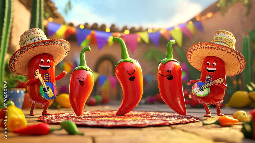 Viva Mexico banner with mariachi pepper musician characters, sombrero ...