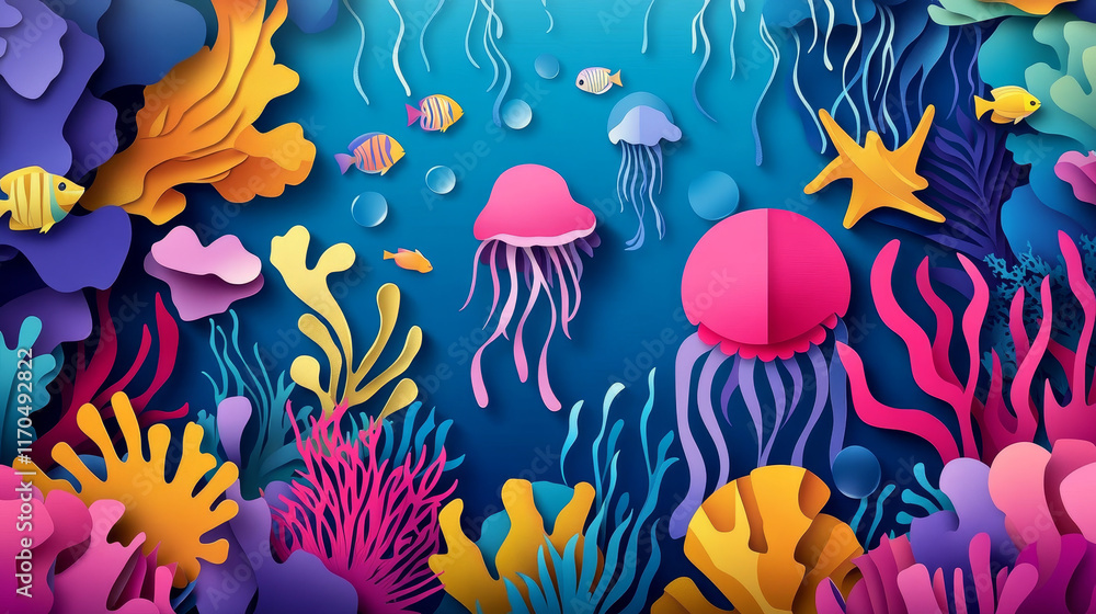 Cartoon banner or poster, sea paper cut with underwater landscape ...