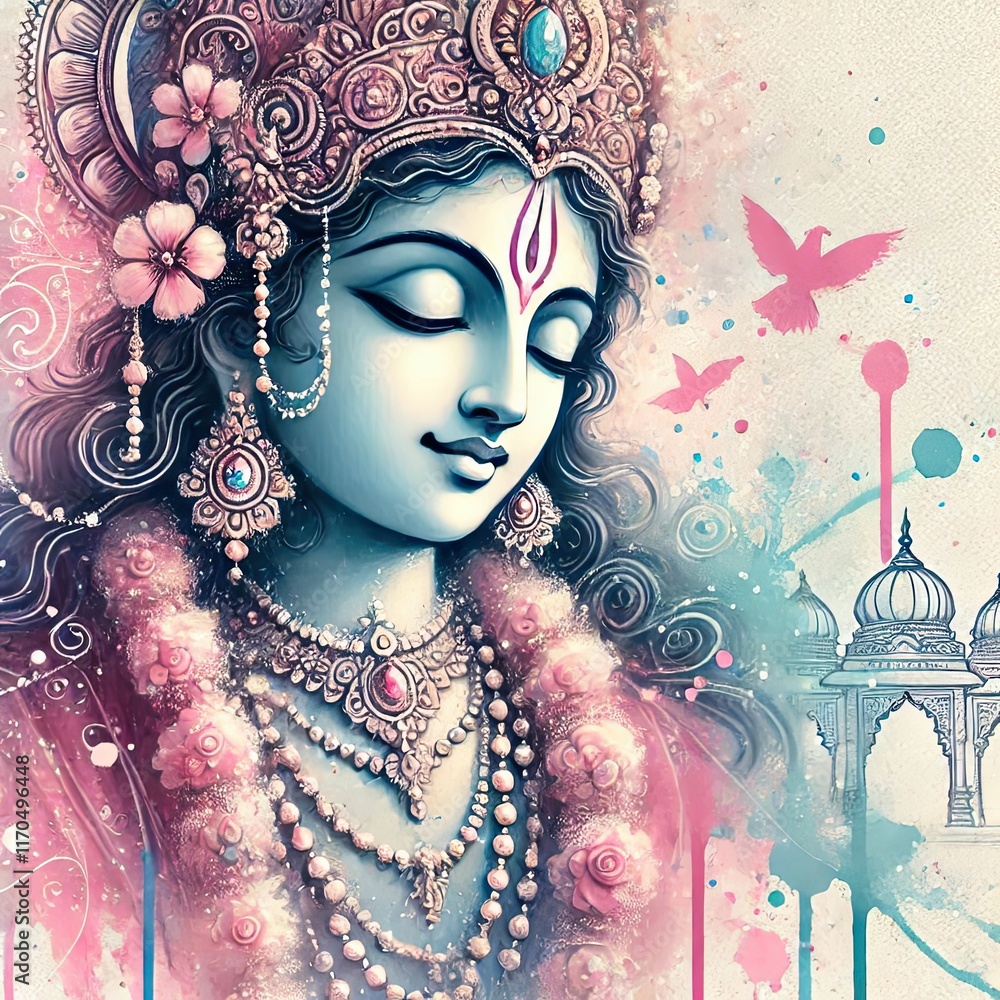 Watercolor Portrait of Lord Krishna, Depicting Divine Beauty and Grace ...