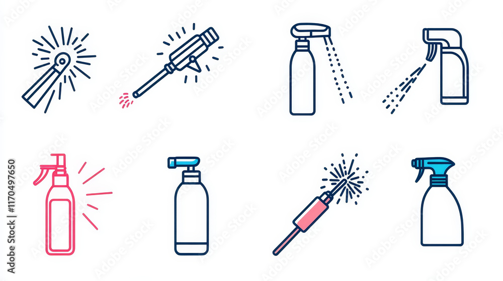 Spray icons, sprayer aerosol nozzle with water air jet, vector line ...