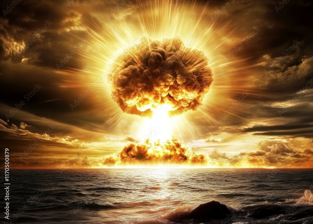Nuclear Explosion Over Ocean Dramatic Composition, Fiery Sky, Apocalyptic Concept, War ...