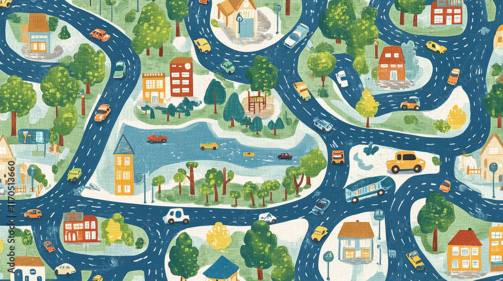 Kid car seamless pattern with roads, trees and vehicles. Cartoon town ...