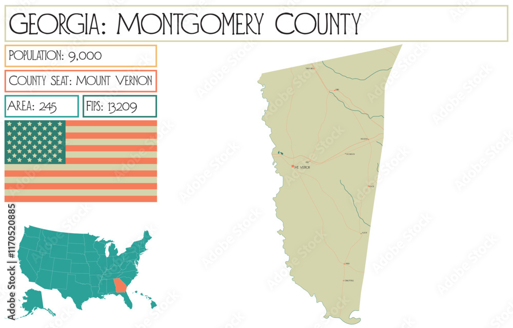 Large and detailed map of Montgomery County in Georgia USA. Stock ...