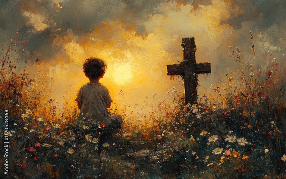 Child Kneeling in Prayer at Wooden Cross Under Golden Hour Light Stock ...