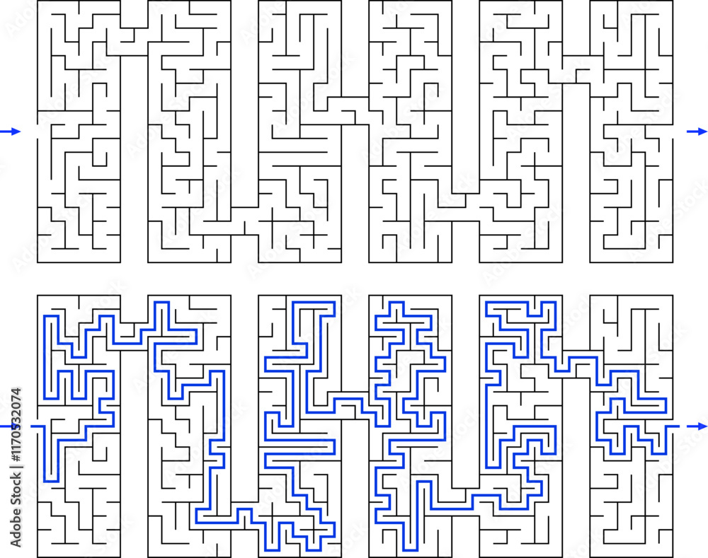 Vector labyrinth composed of 6 connected vertical rectangular mazes. Black and white riddle with ...