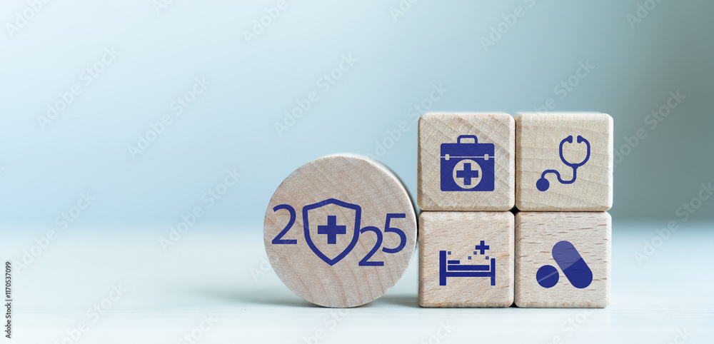 Health insurance concept Wooden cube with text 2025 and medical icons ...