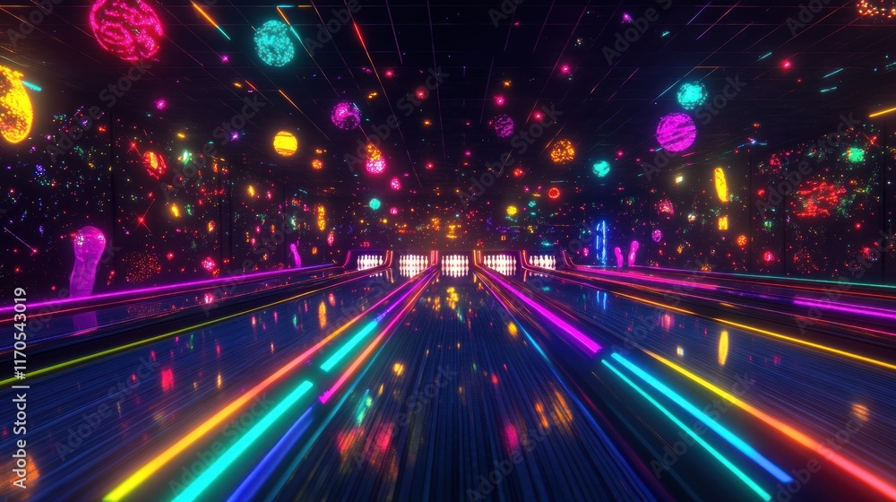 Neon lights illuminate a futuristic bowling alley with vibrant, glowing ...