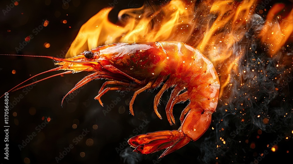 a shrimp gets roasted by fire in mid air, a fireball, the fire is ...