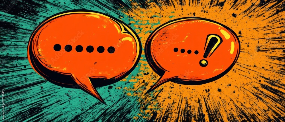 Two comic-style speech bubbles with ellipses and an exclamation mark ...