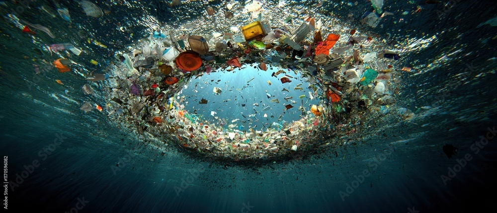 Plastic pollution crisis in ocean gyre underwater view environmental ...