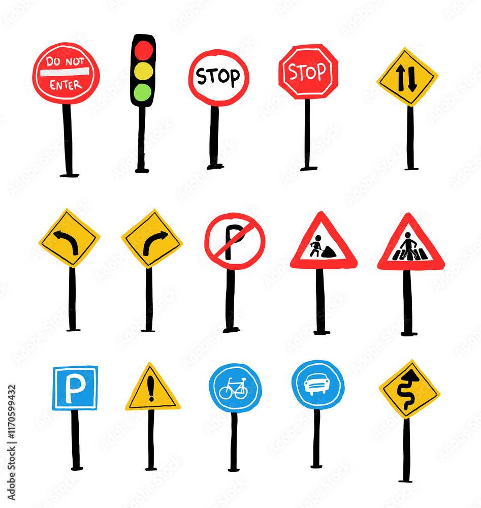 set of road signs signage doodle traffic lights hand drawn clipart png ...