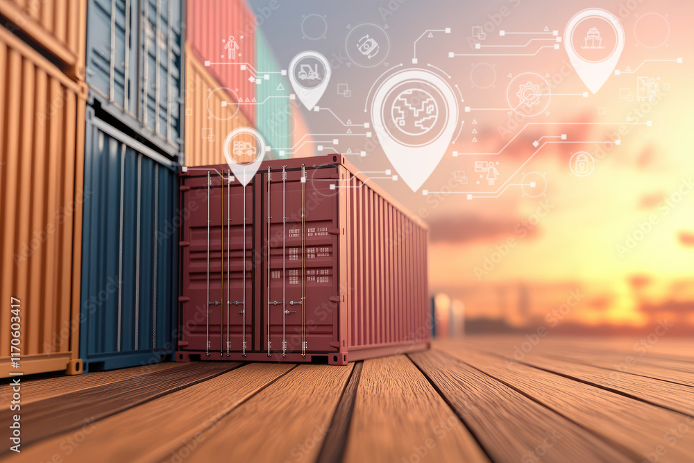 Shipping container logistics port digital mapping sunset aerial view ...