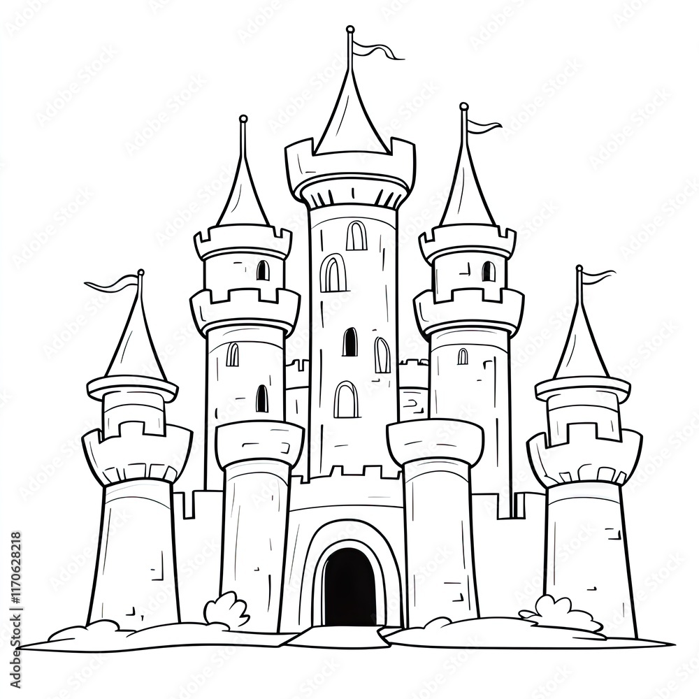 Simple Coloring Page: Kids Castle Illustration, Tall Towers, Easy Fun ...