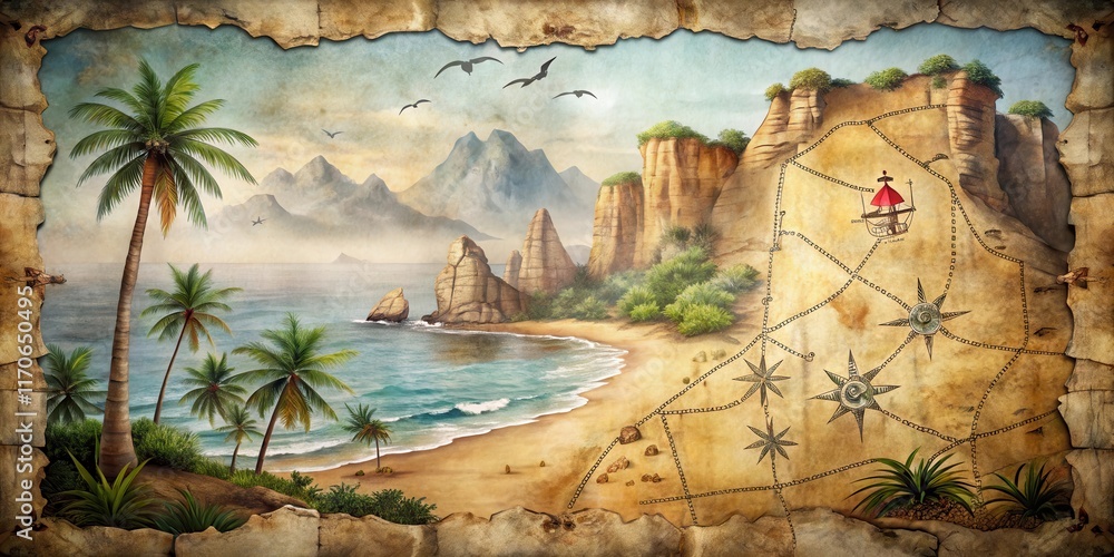 Ilustrace A faded treasure map with a hand-drawn layout and cryptic ...