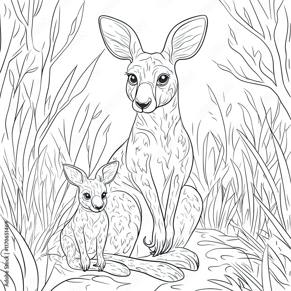 Simple Coloring Page: Kangaroo and Joey for Kids, Easy Animal ...