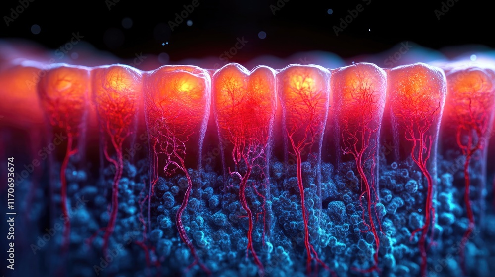Microscopic view of human taste bud papillae with vivid colors and ...
