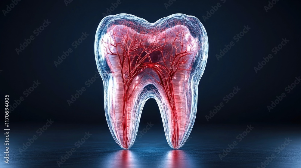 Detailed anatomical structure of a transparent tooth with nerve endings ...