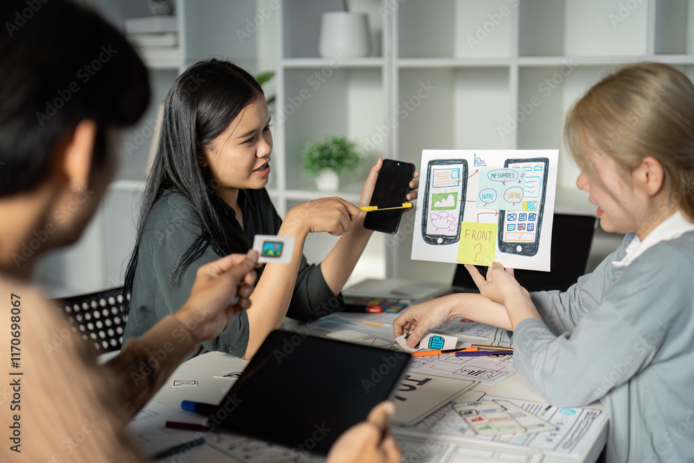 Creative Ux Ui Design Team Brainstorming Session With Digital Devices And Wireframes In Modern