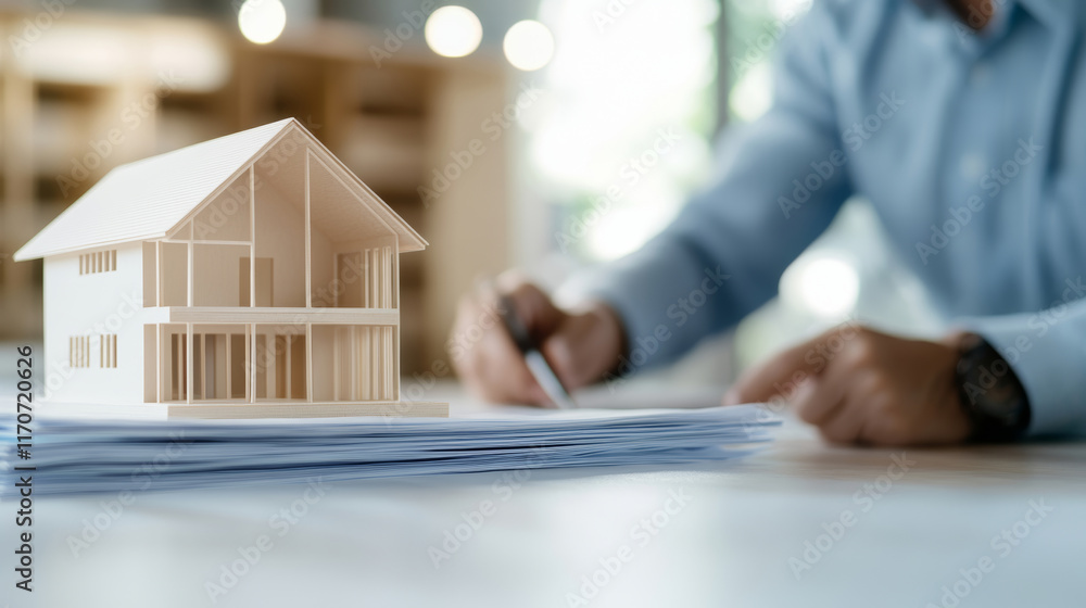 Architect analyzing blueprints and house model, working at desk in ...