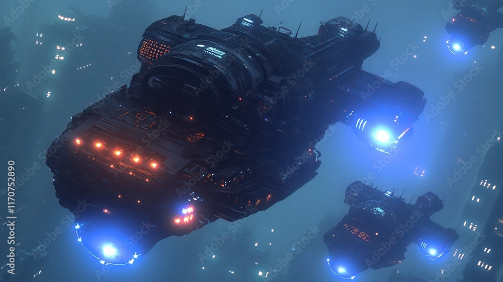 An expansive underwater research base illuminated by glowing blue ...