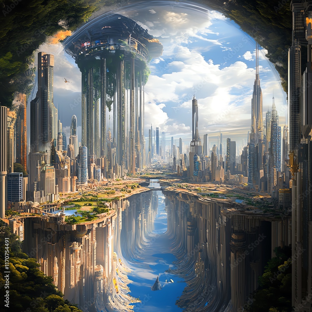 Futuristic cityscape split by a deep river, showcasing towering ...