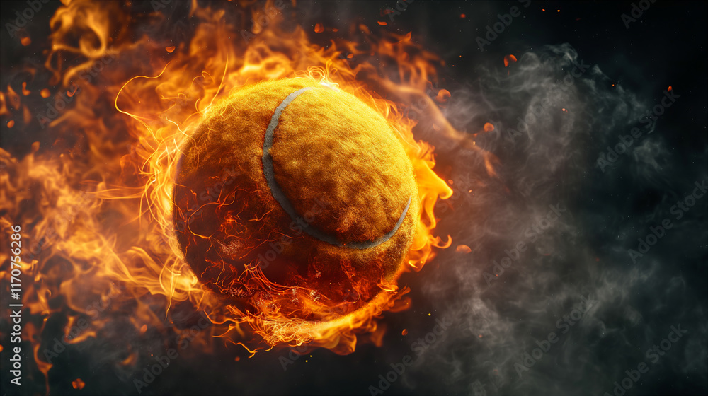 Dynamic tennis ball with fire flames and smoke, abstract sport ...