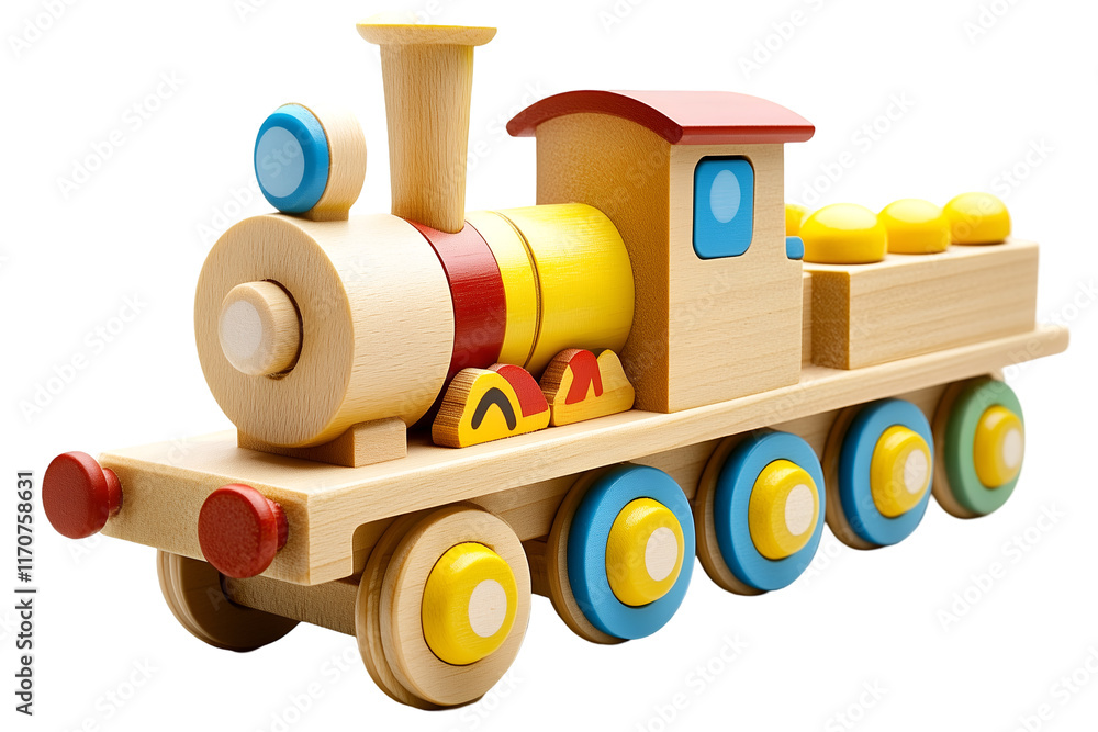 “A sturdy wooden toy train engine with colorful wheels, isolated on ...