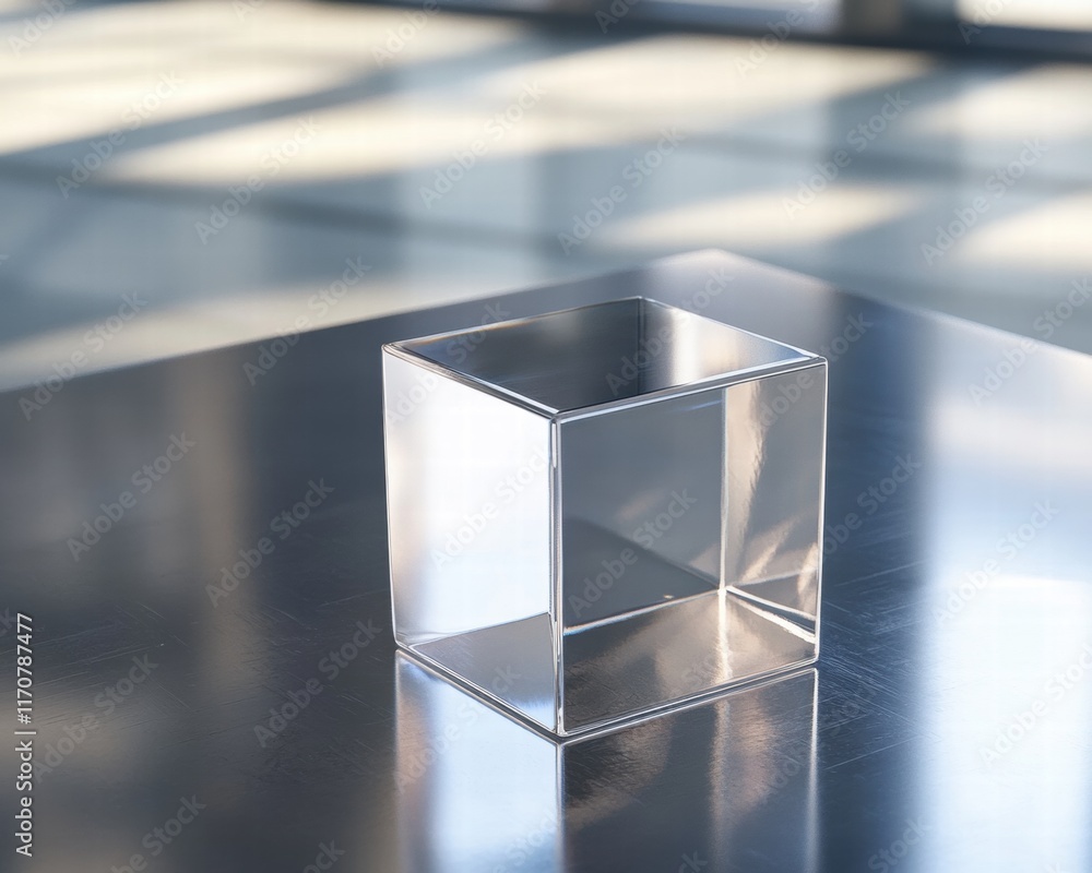 Transparent Glass Cube Display Case on Reflective Metal Surface Modern ...