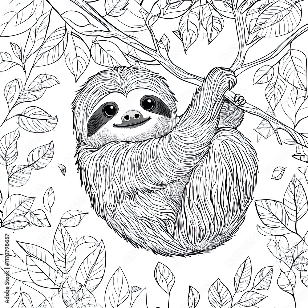 Simple Sloth Coloring Page for Kids: Easy Tree Branch Hanging ...