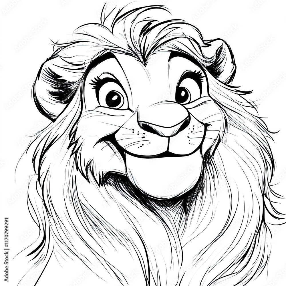 Smiling Lion Coloring Page: Simple Illustration for Kids, Fun Activity ...