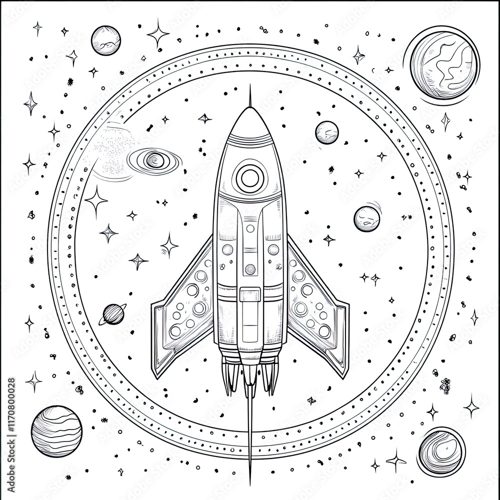 Simple Coloring Page: Spaceship Adventure with Planets for Kids, Fun ...