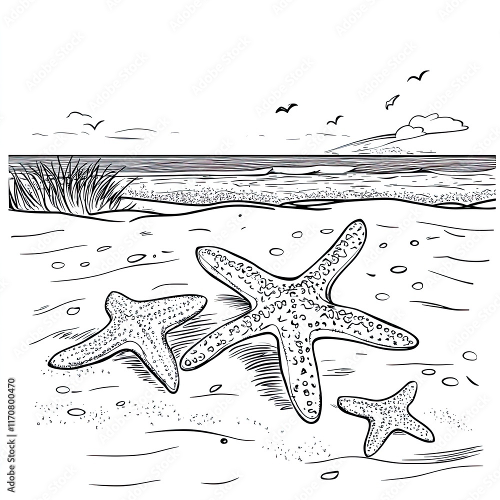 Simple Starfish Coloring Page for Kids: Beach Scene Illustration, Easy ...