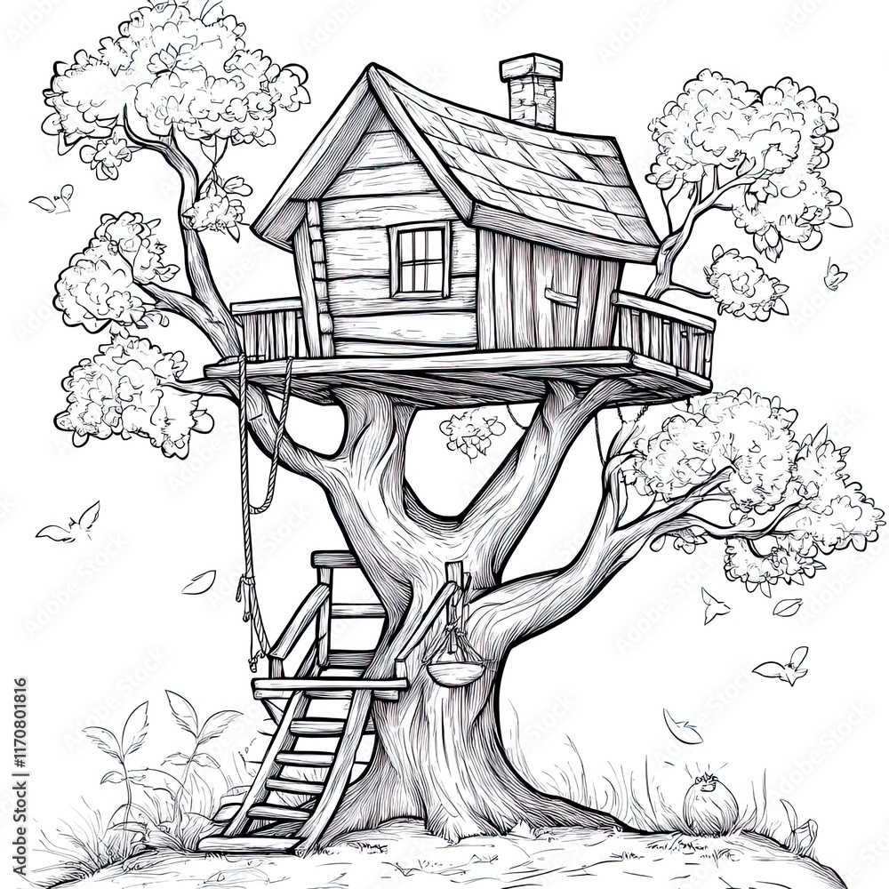 Simple Coloring Page: Treehouse nestled among branches for kids, easy ...