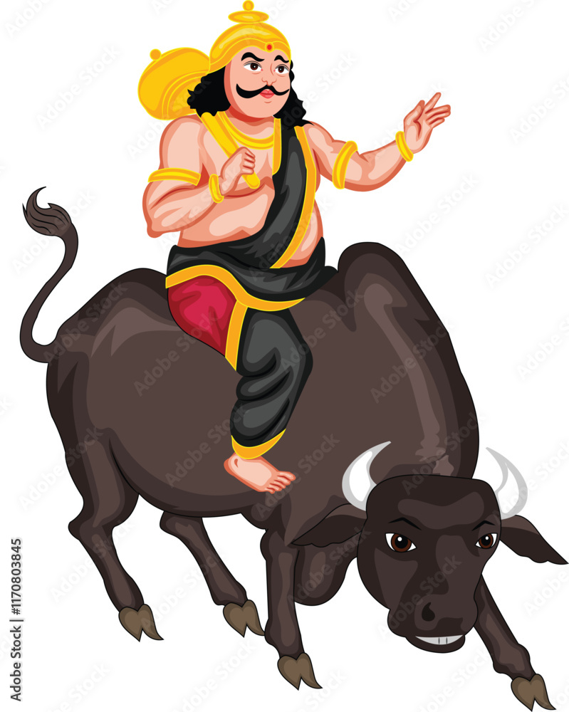 Lord Yamraj On Buffalo, The Hindu God Of Death Vector Illustration ...