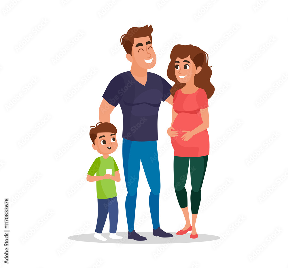 Happy growing family with expectant mother, father, and child. Flat ...