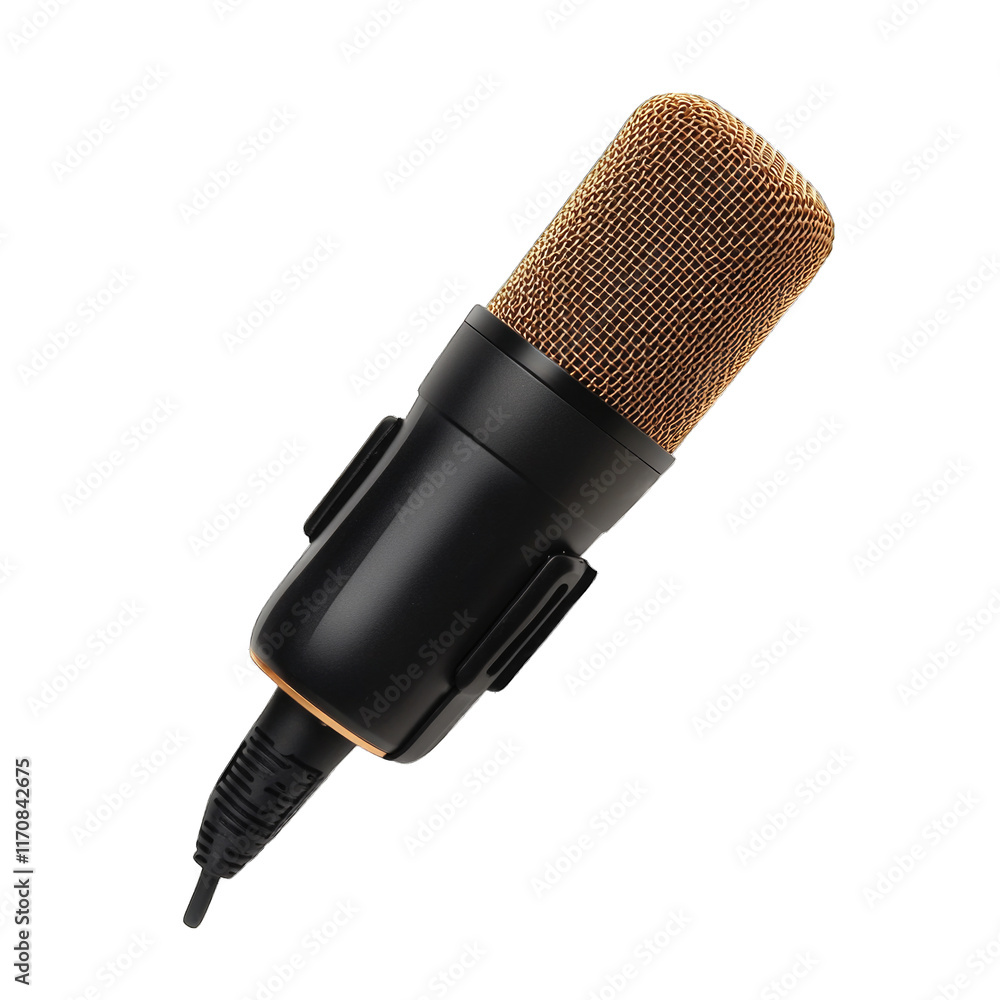 Professional microphone with gold mesh and black body isolated on ...