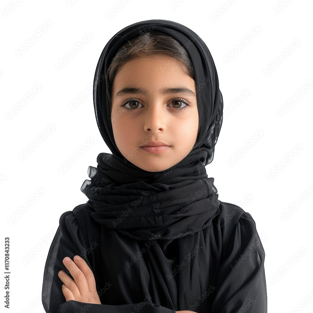 Young girl wearing black hijab and black attire with arms crossed ...