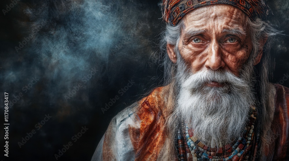 Imagine a breathtaking portrait of a tribal elder in traditional attire ...