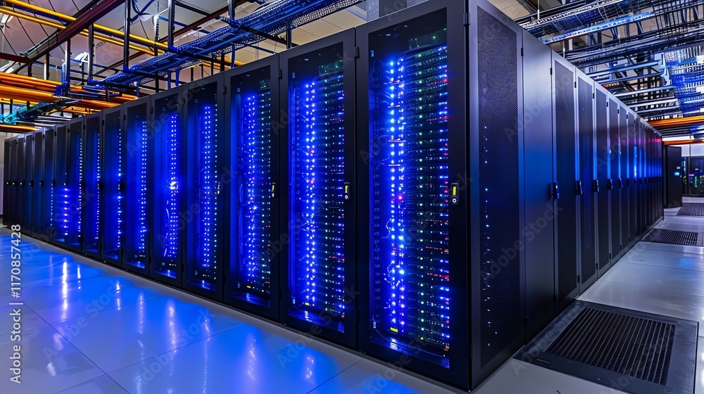 Server Room: Blue-lit Data Center with Modern Network Infrastructure ...