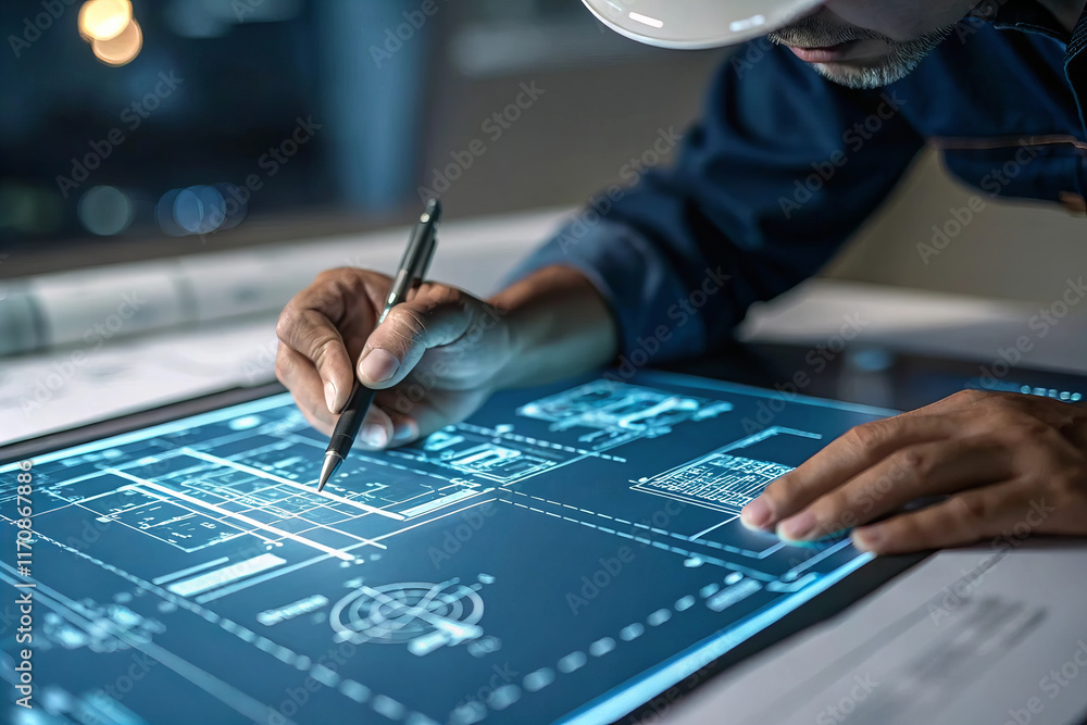 Close up of engineer hand tracing blueprints on digital screen ...