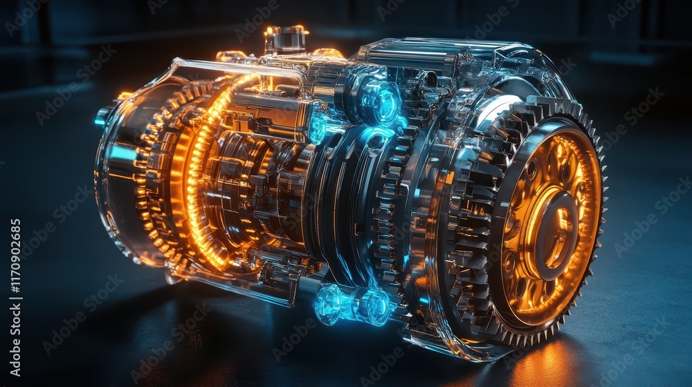 A futuristic car engine with transparent parts and glowing gears ...