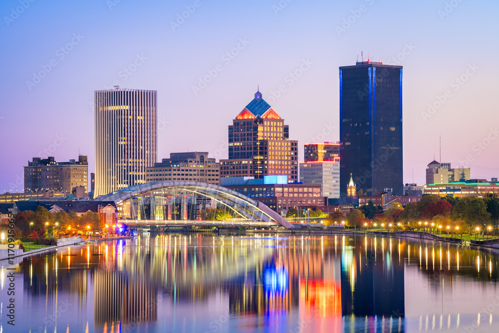 Rochester, New York, USA Cityscape on the Genesee River Stock Photo ...