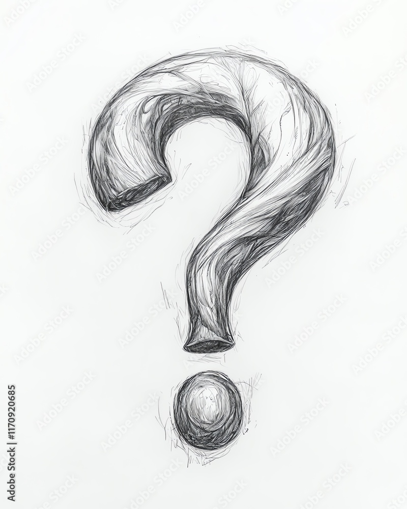 Pencil drawing of a question mark, detailed and intricate lines, white ...