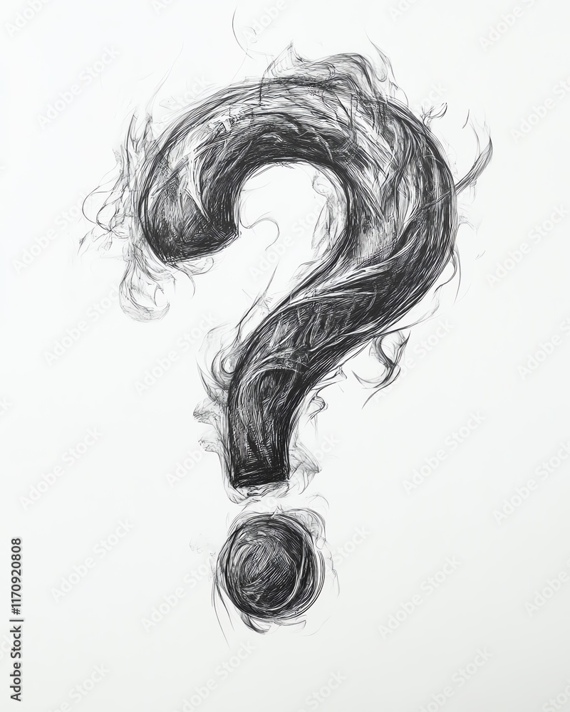 Pencil drawing of a question mark, detailed and intricate lines, white ...
