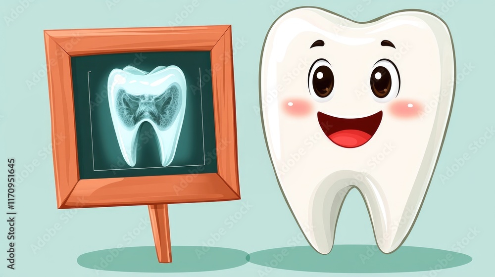 Cartoon tooth character with dental x-ray on display board Stock ...
