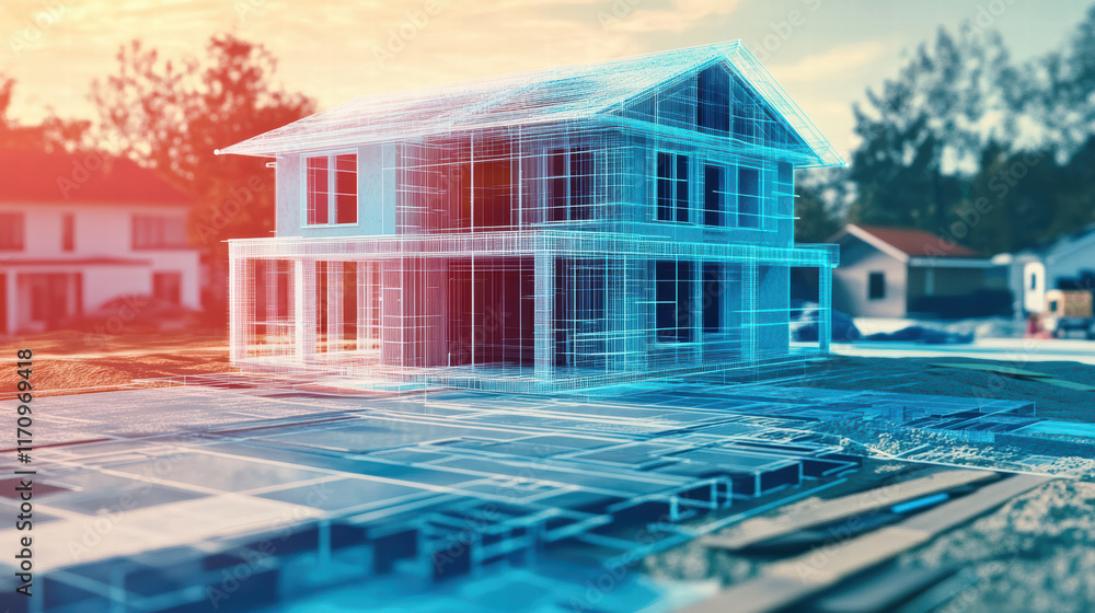 blueprint of 3D printed house overlaying construction site, showcasing ...