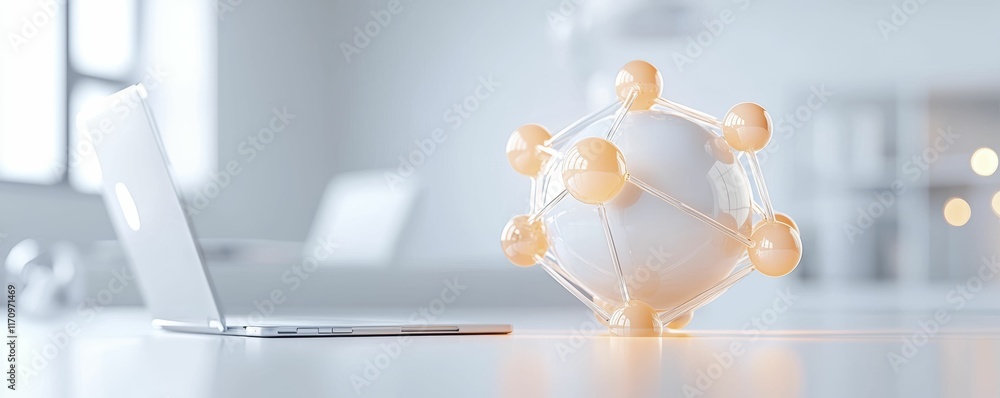 business plan market scaling 3D molecular model beside a laptop on a ...