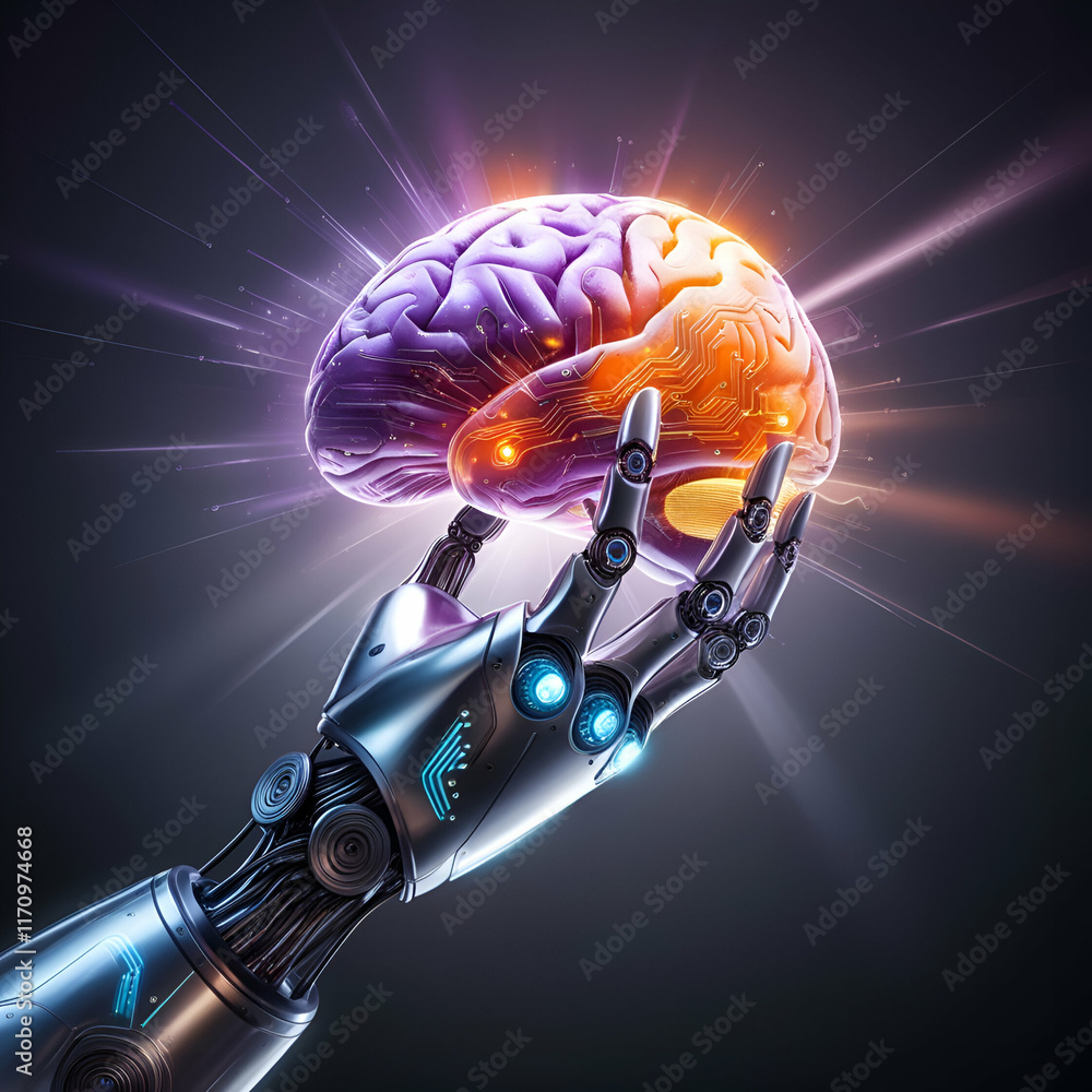 A robot hand holding a human brain, robot arm with human brain ...