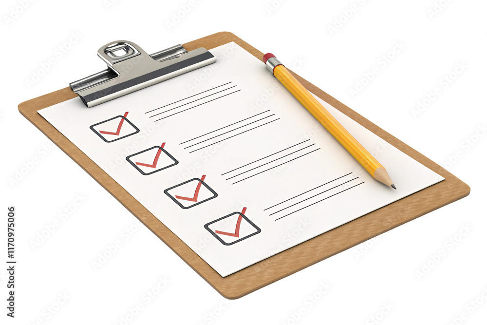 Wooden clipboard featuring a checklist with red ticks, accompanied by a ...